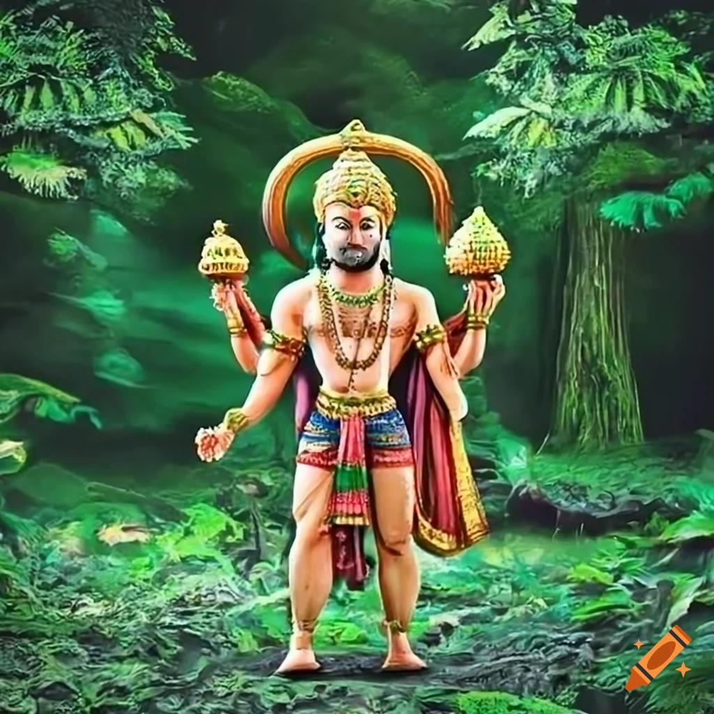 Mythological figures Lord Hanuman and Bhima in a lush green forest on ...