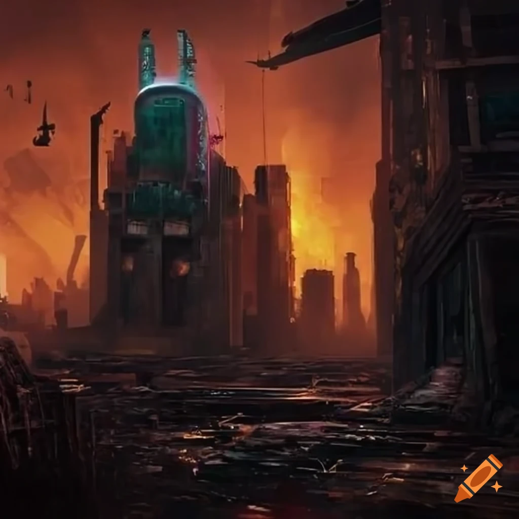 Ruins of a post-apocalyptic cyberpunk world on Craiyon