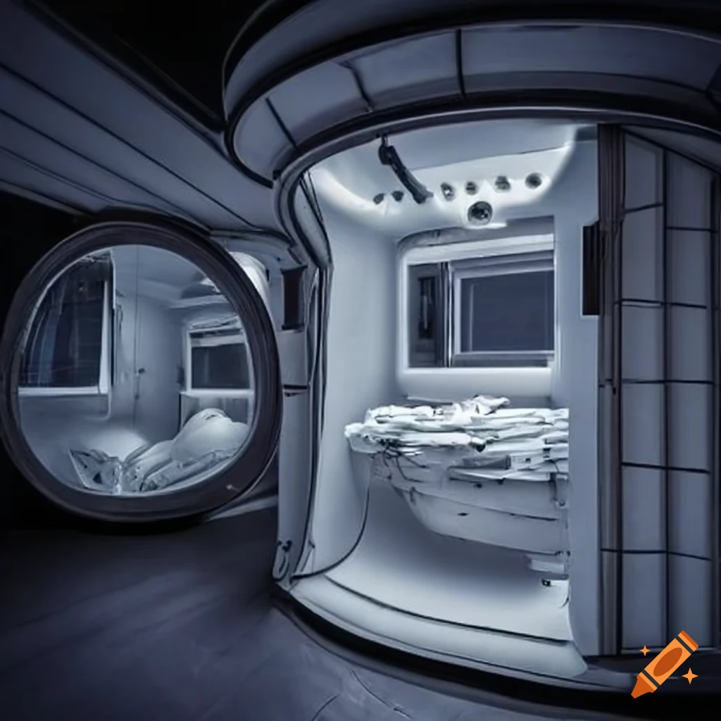 Retro-futuristic space colony pod general store interior with japanese ...