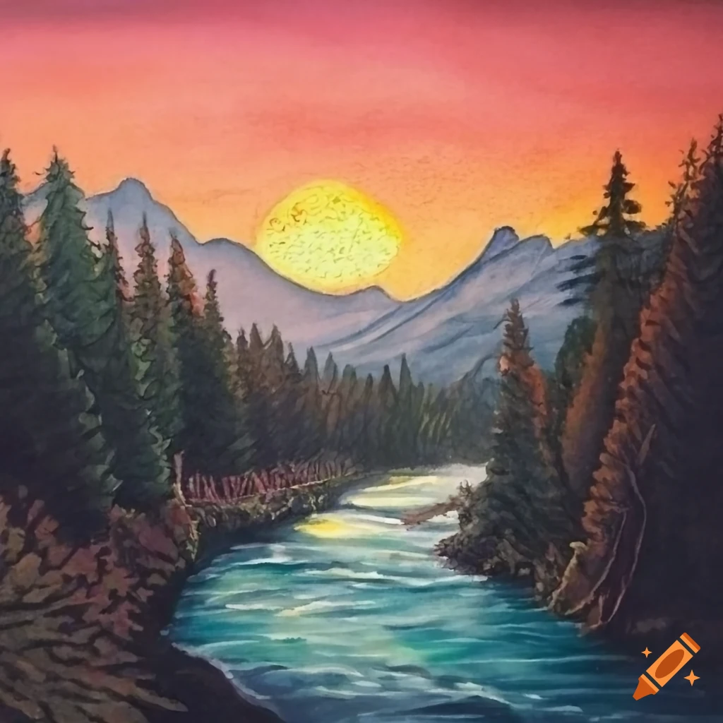 River gorge at sunset with evergreens in colored pencil stippling style ...