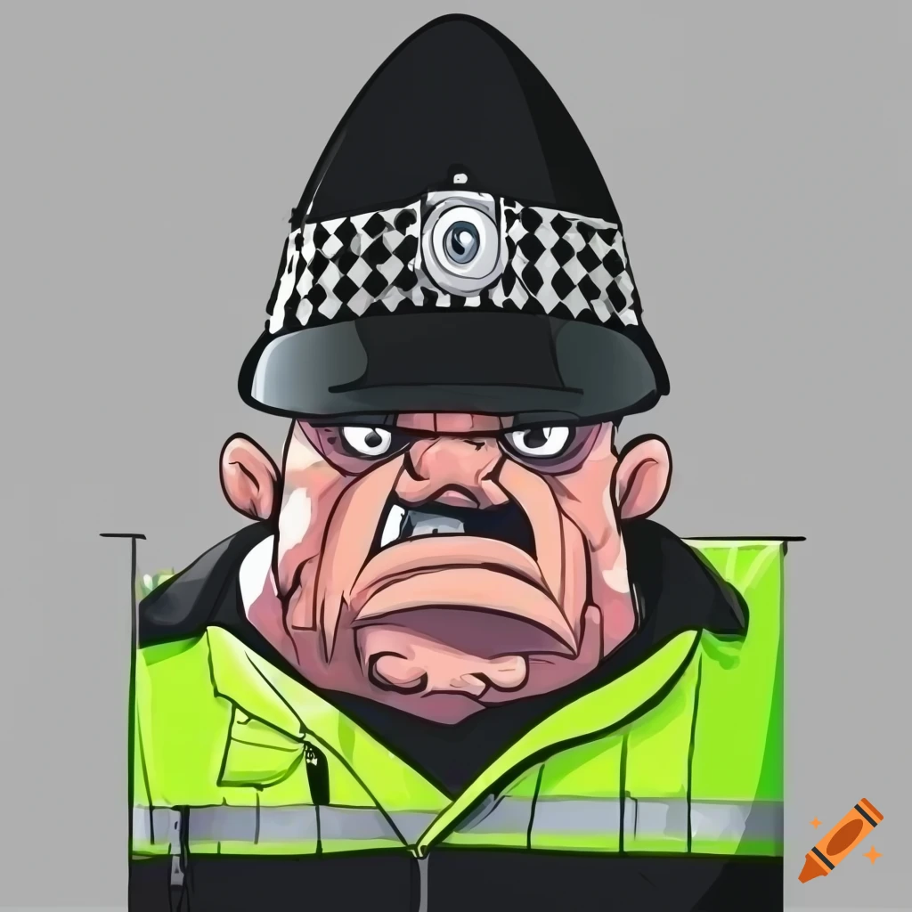 Cartoon of an angry British police officer in hi-vis jacket and hat on ...