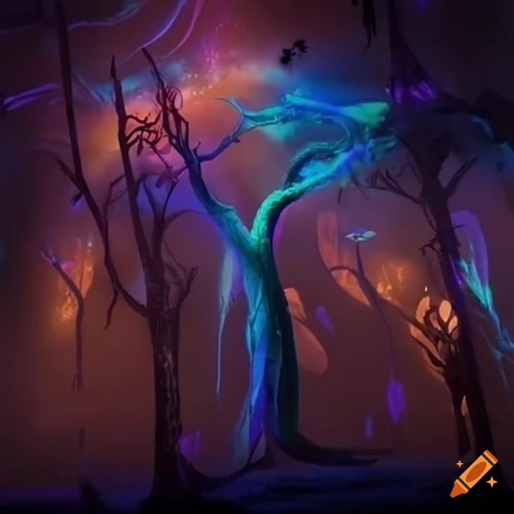 Biopunk paradise with glowing bioluminescent trees merging nature and ...