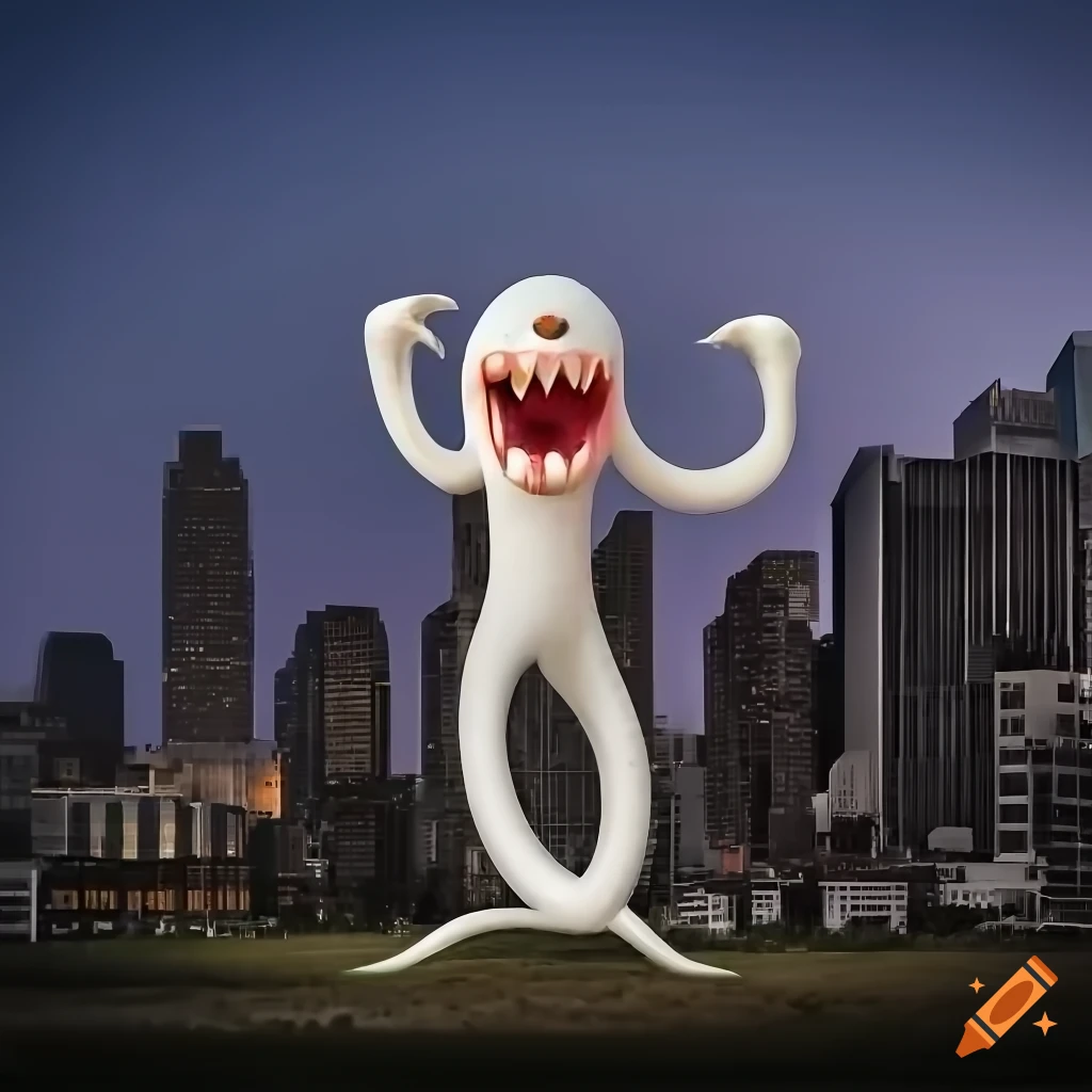 Unique white monster with sharp teeth in a cityscape under a twilight ...