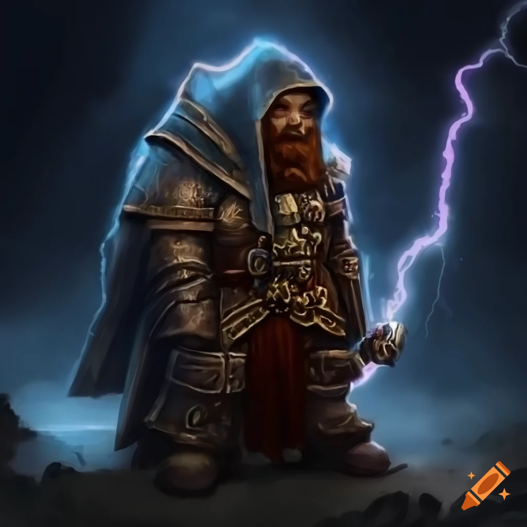 Hooded dwarf cleric with warhammer in a thunderstorm in an epic fantasy ...