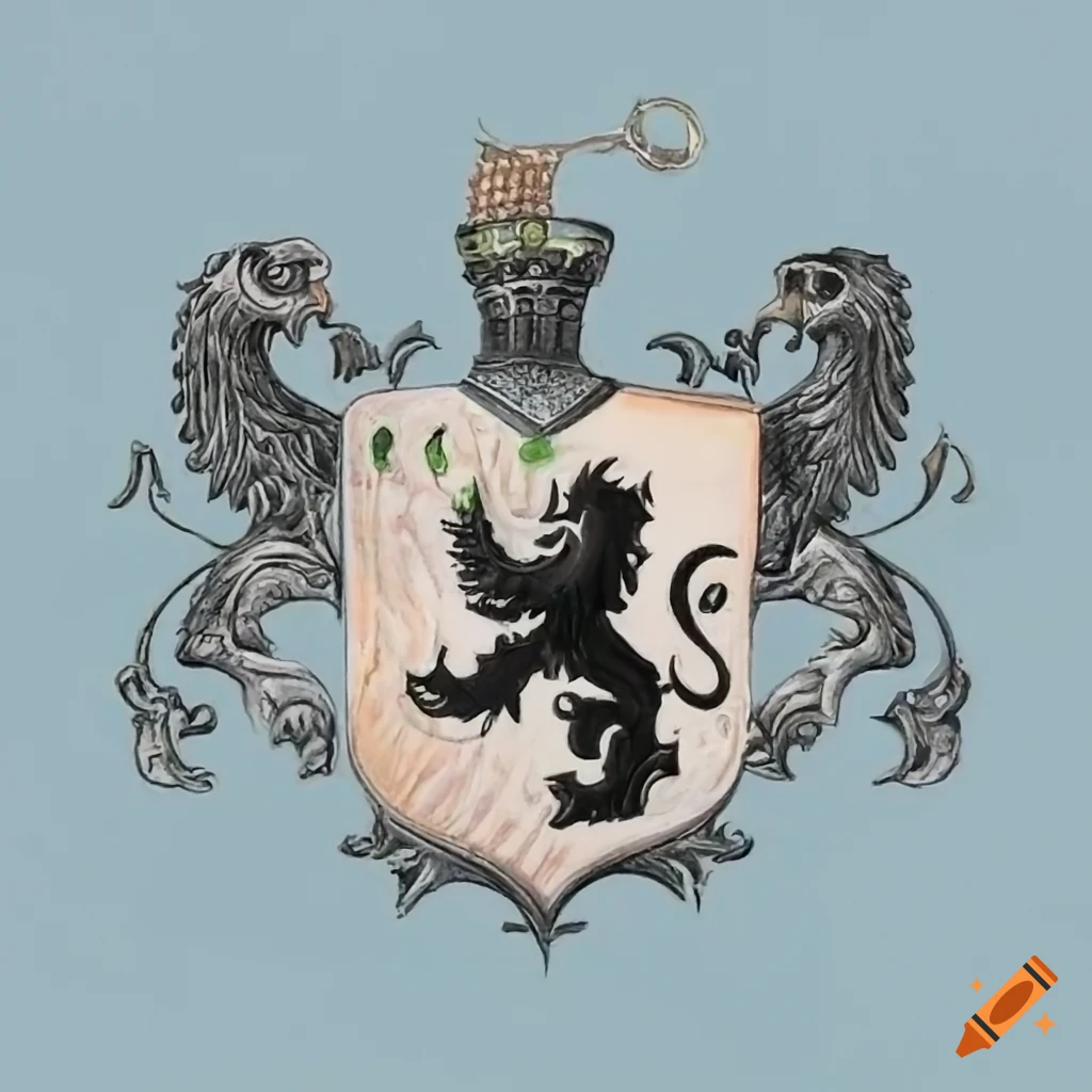 Coat of arms for the D'rollo family with golden lion on blue background ...