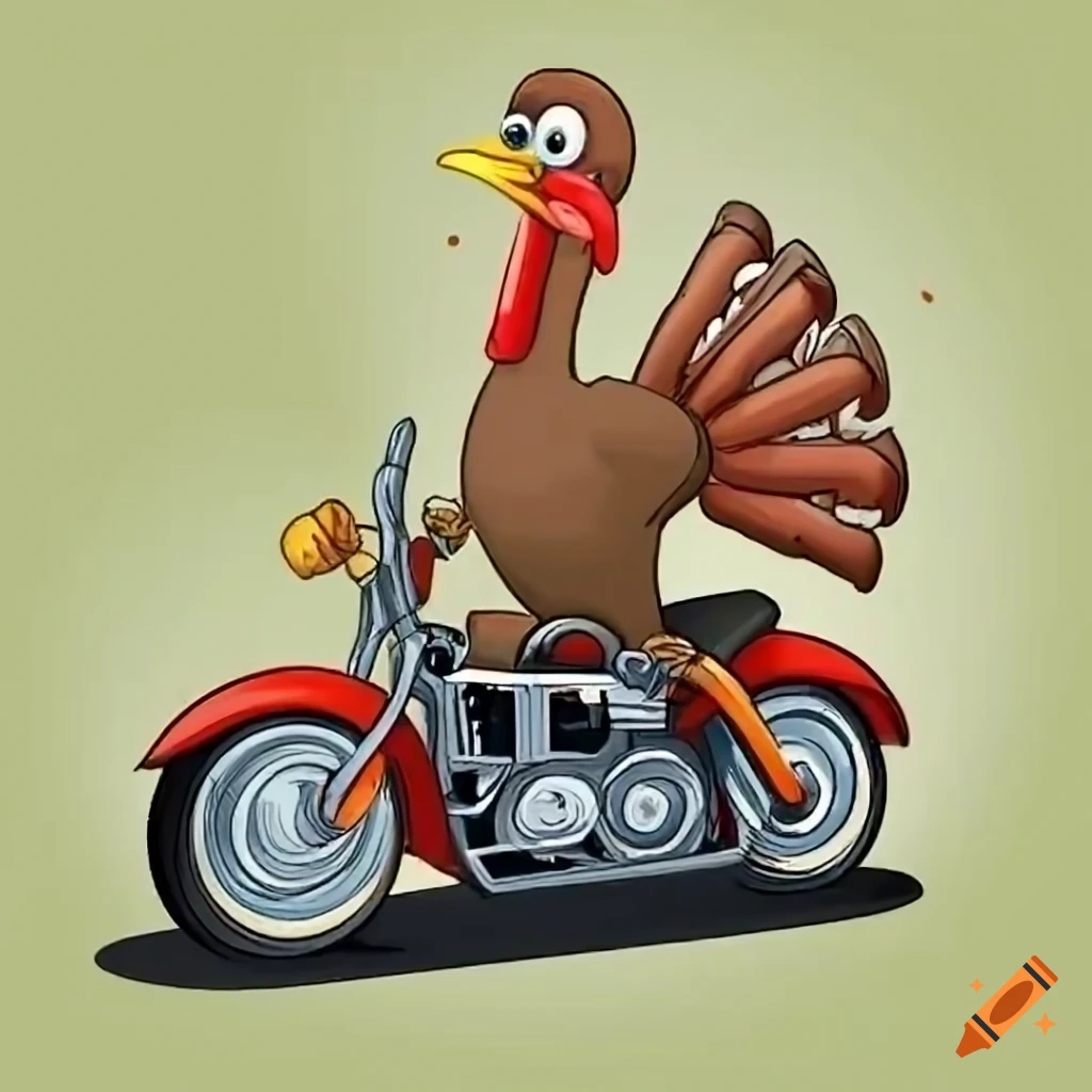 Cartoon turkey riding a Harley motorcycle on Craiyon