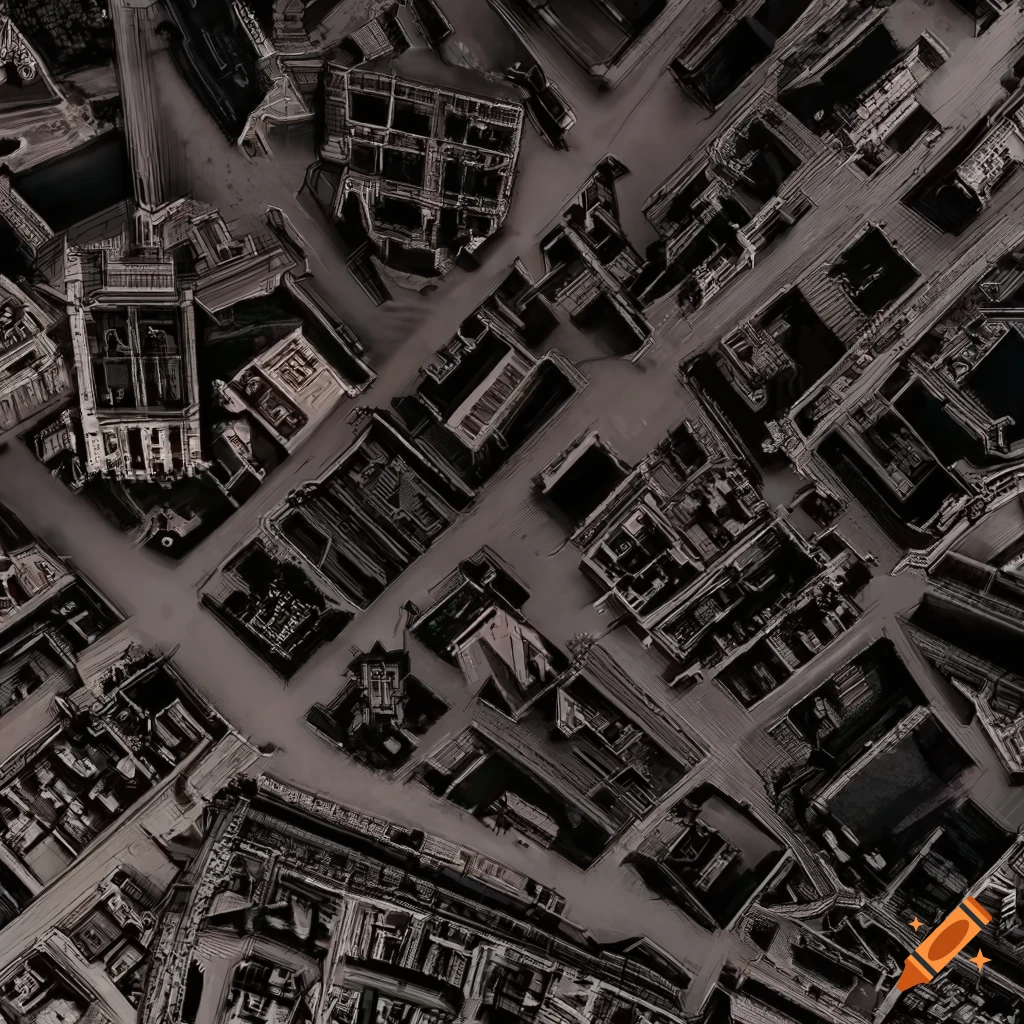 Top-down map of a futuristic Gothic-style city with various districts ...