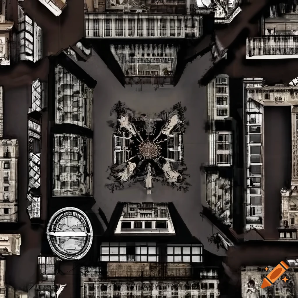 Top-down map of futuristic Gothic-style city district with big ...
