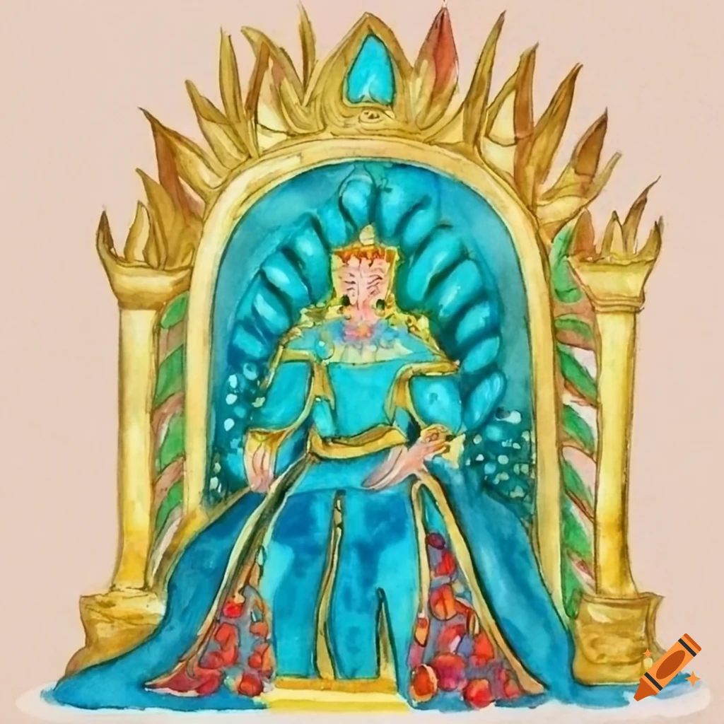Turquoise flower on a golden throne with a king in a vibrant garden ...