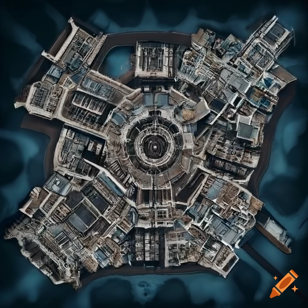 Top-down map of a futuristic gothic-style city with various districts ...