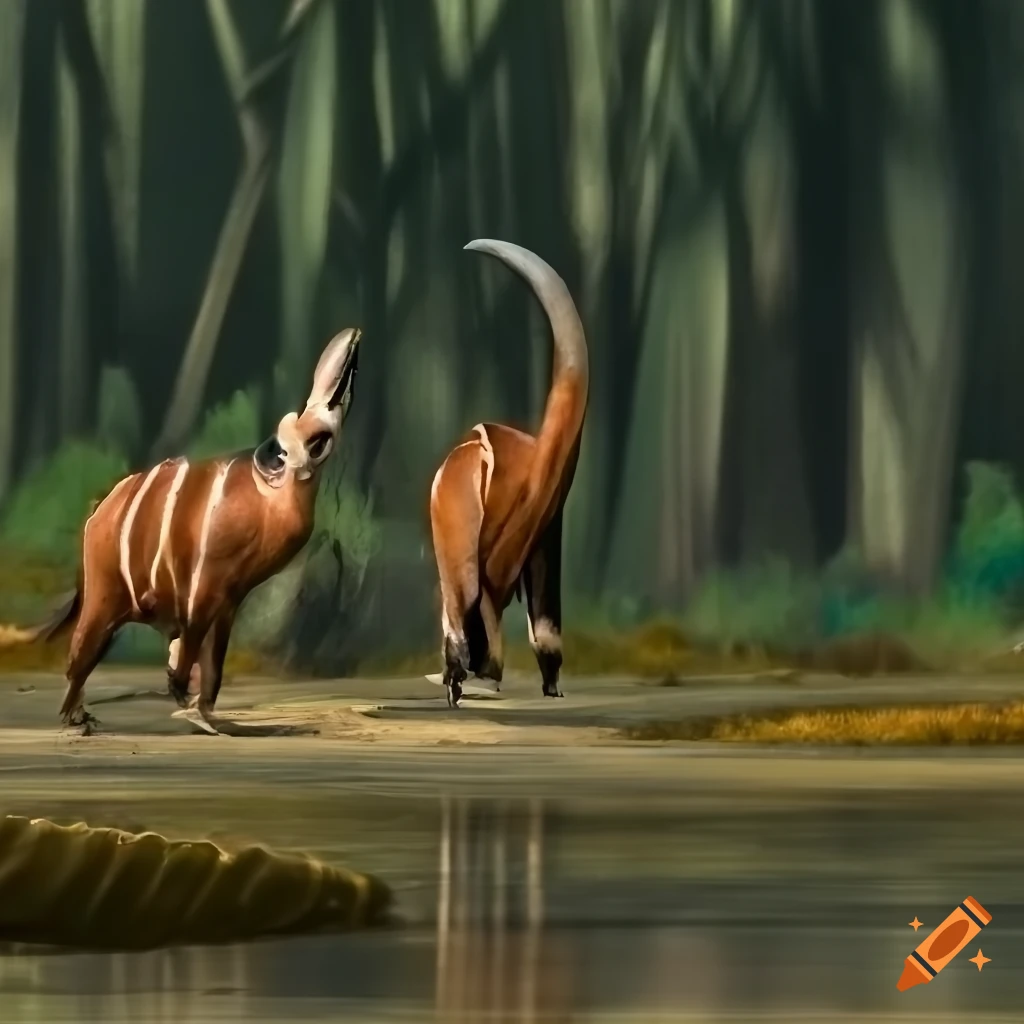 Parasaurolophus in bongo antelope colors in shadowy forest creek on Craiyon