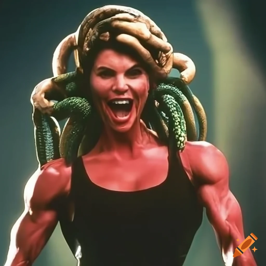 Character medusa with muscular bodybuilder flexing biceps in action ...