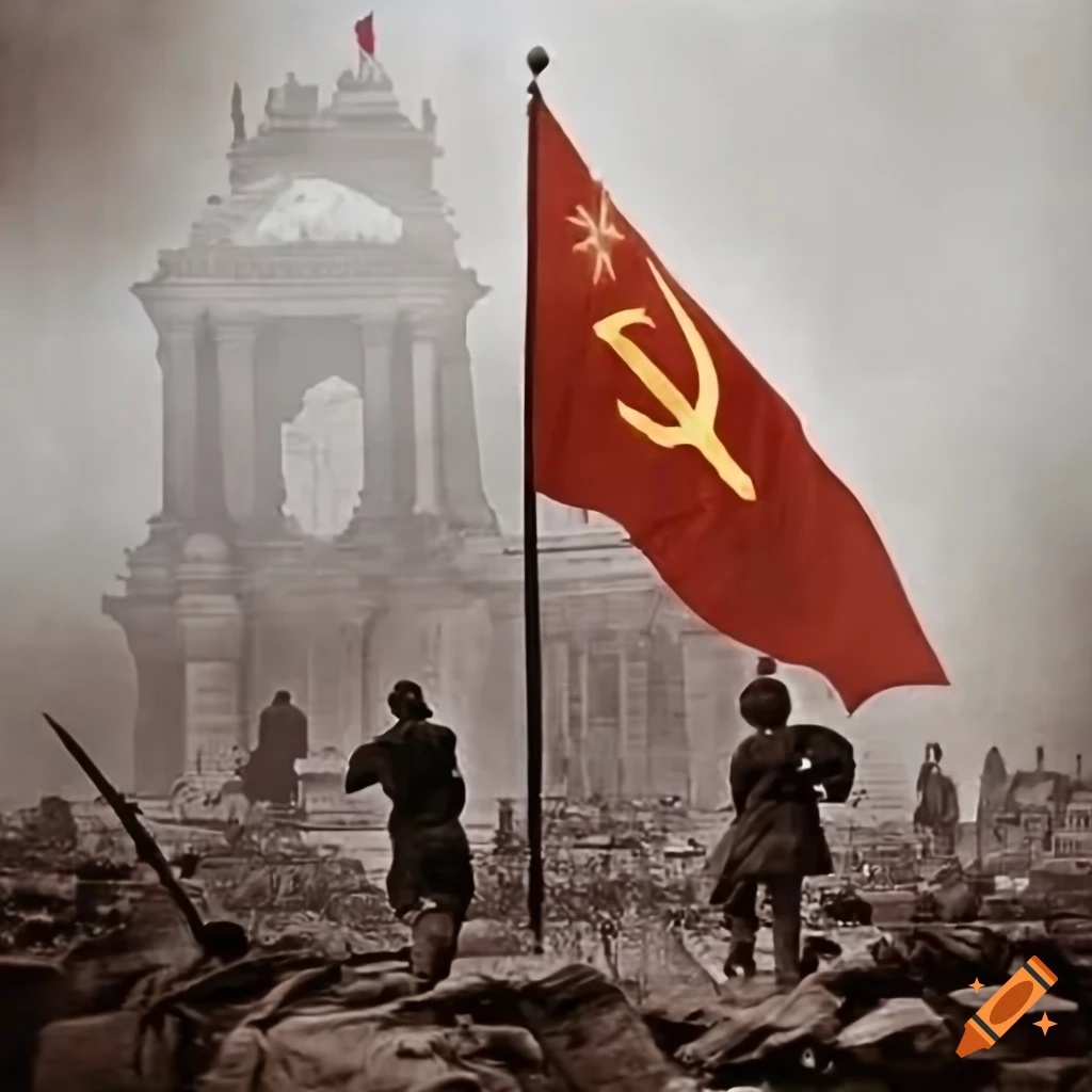 Soviet troops raising the flag of victory in front of the reichstag ...