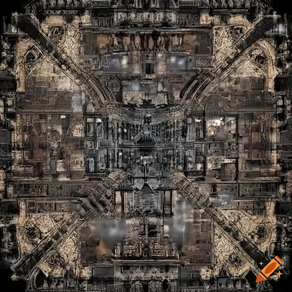 Top-down map of a futuristic gothic-style city with diverse districts and grand structures on ...