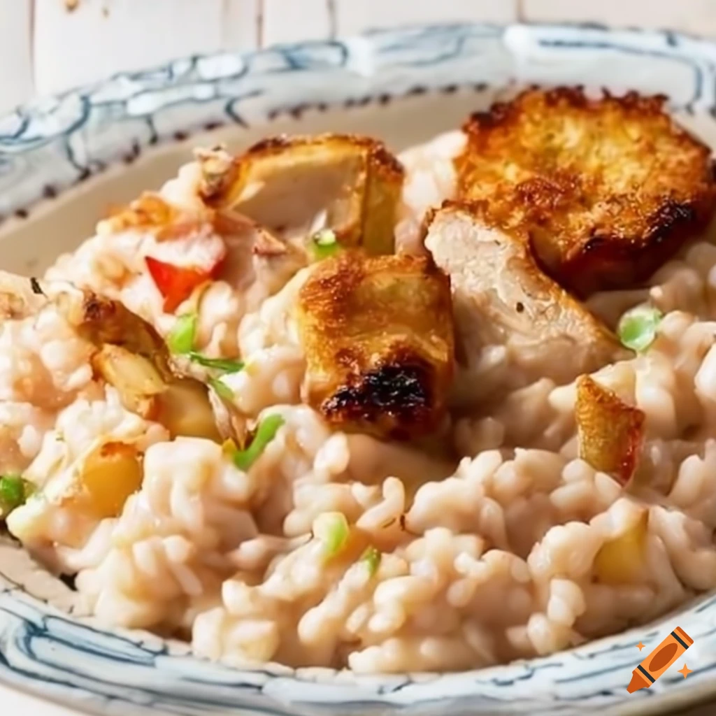 Creamy apple risotto with crispy meat topping on Craiyon