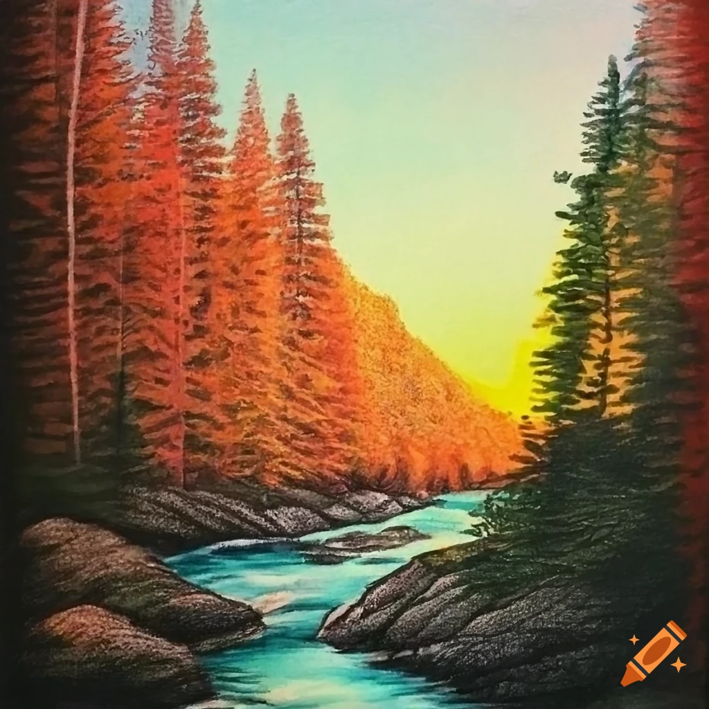 River gorge at sunset with evergreens in colored pencil stippling style ...
