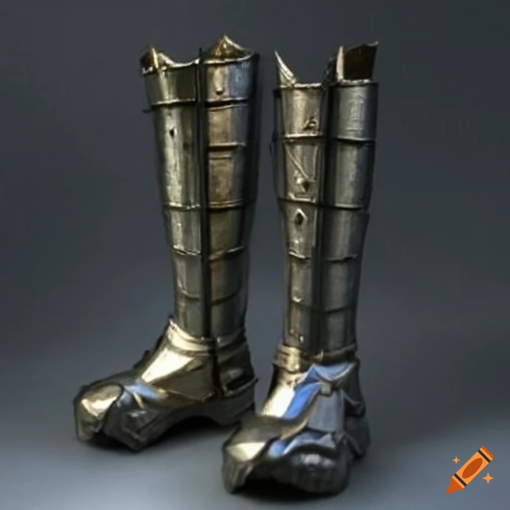 Mithril-plated medieval knight boots with a mystical aura on Craiyon