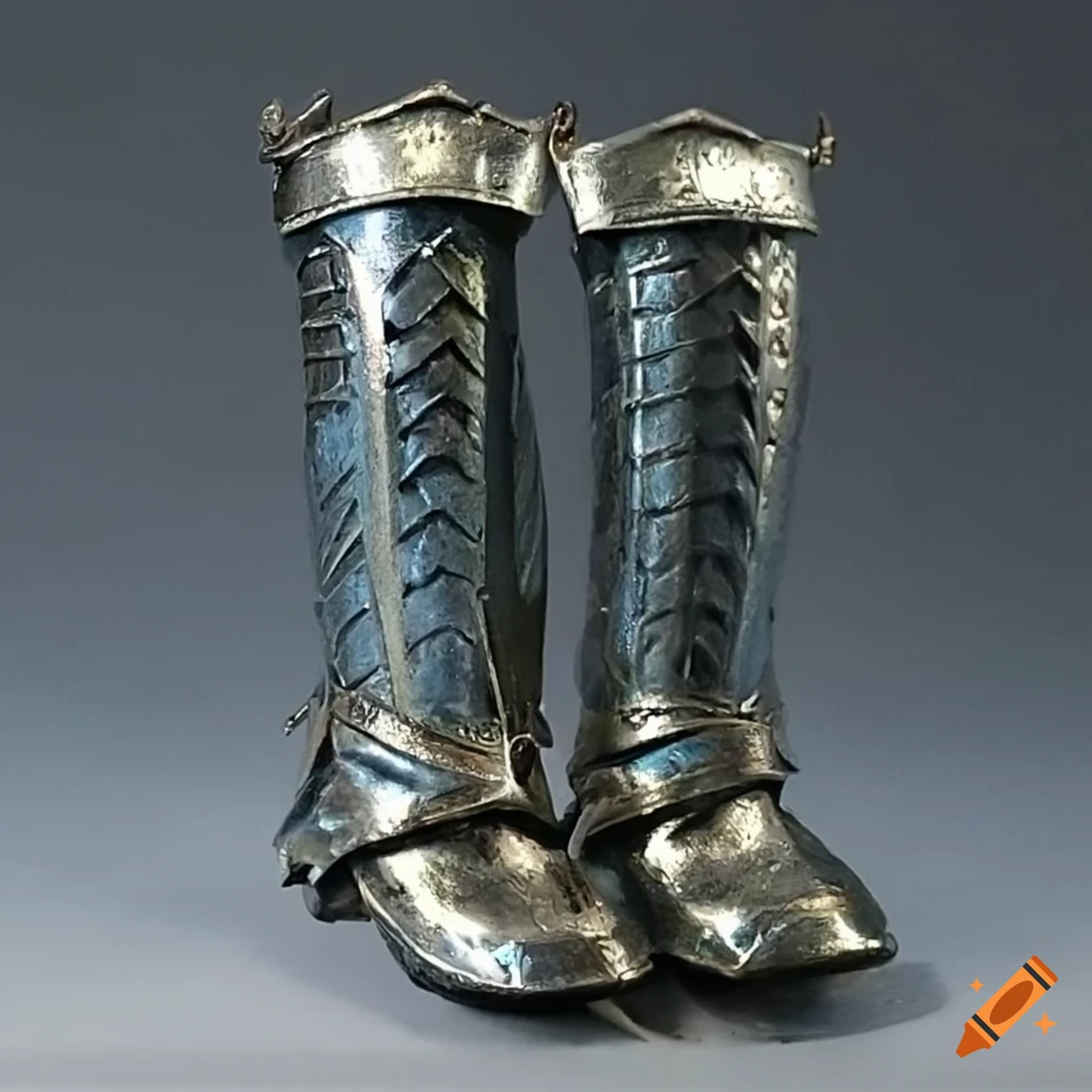 Mithril-plated medieval knight boots with a mystical aura on Craiyon