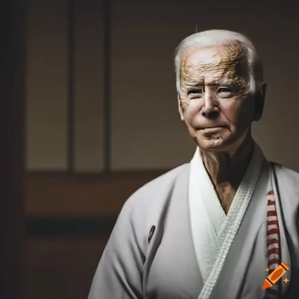 Portrait of President Joe Biden in a serene Japanese dojo setting on ...