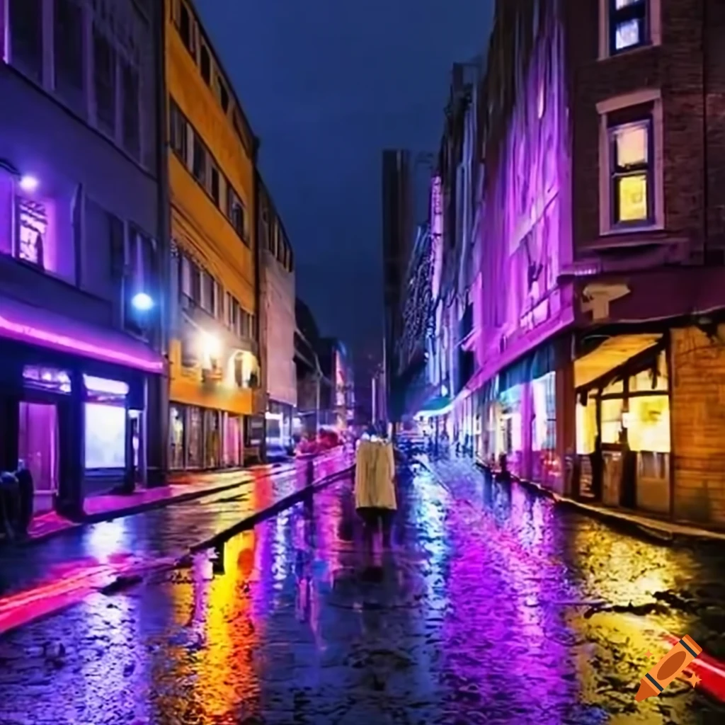 Modern urban street scene at night with neon lights and trendy cafes on ...
