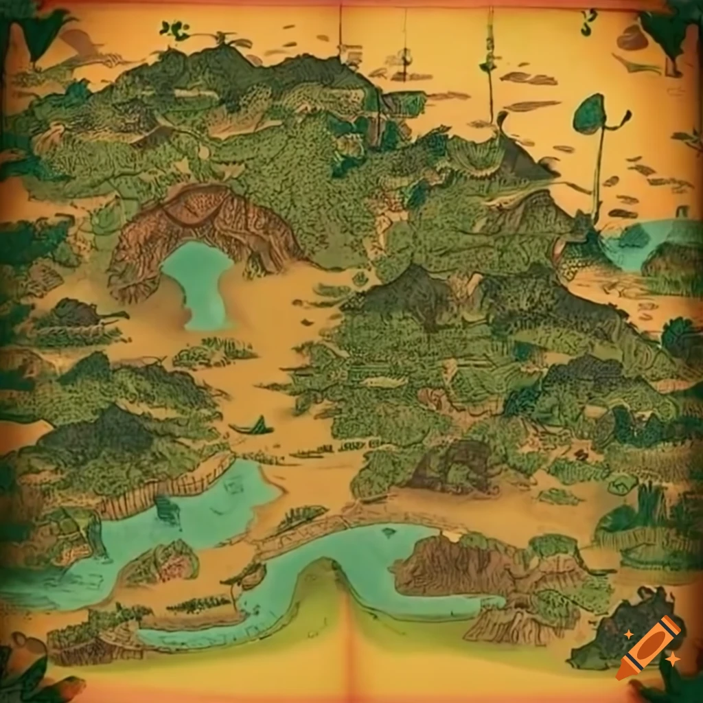Detailed jungle map with mountains, rivers, and hidden temples in a ...