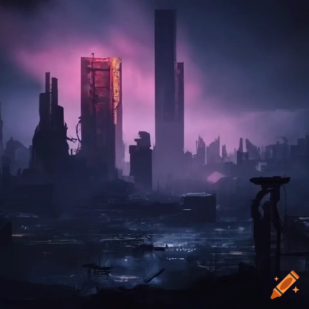 Ruins of a post-apocalyptic cyberpunk world on Craiyon