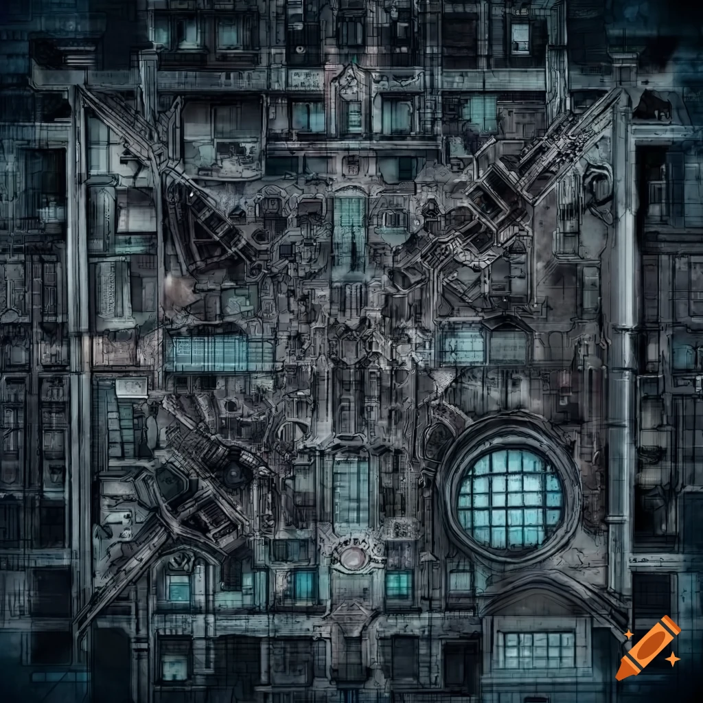 Detailed futuristic Gothic-style city district map with big buildings ...
