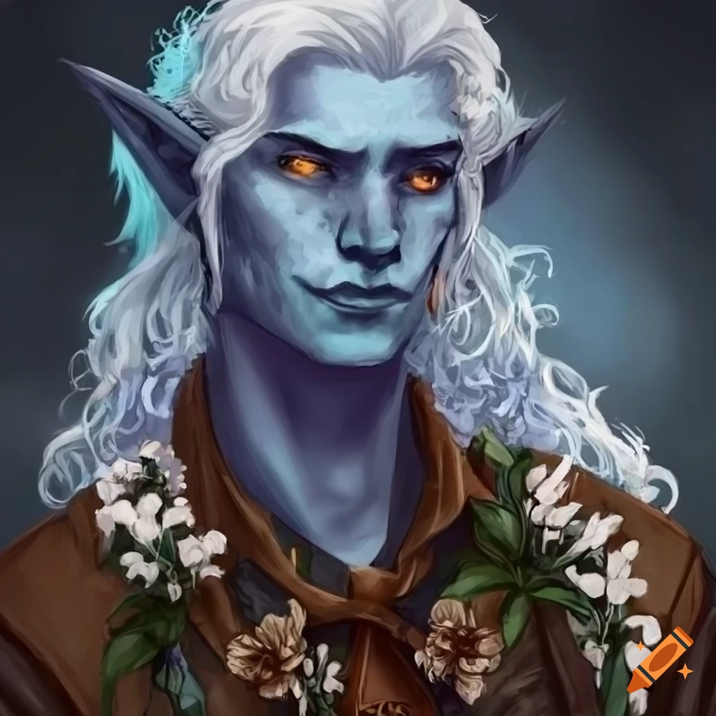 DND air genasi male with white hair and blue/grey skin surrounded by ...