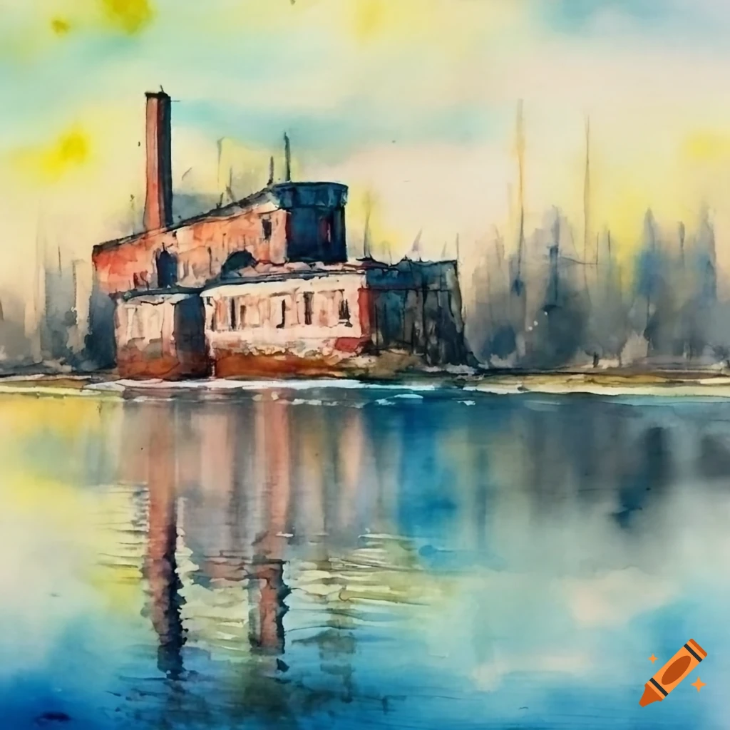 Impressionistic watercolor of an abandoned factory on the water in the ...