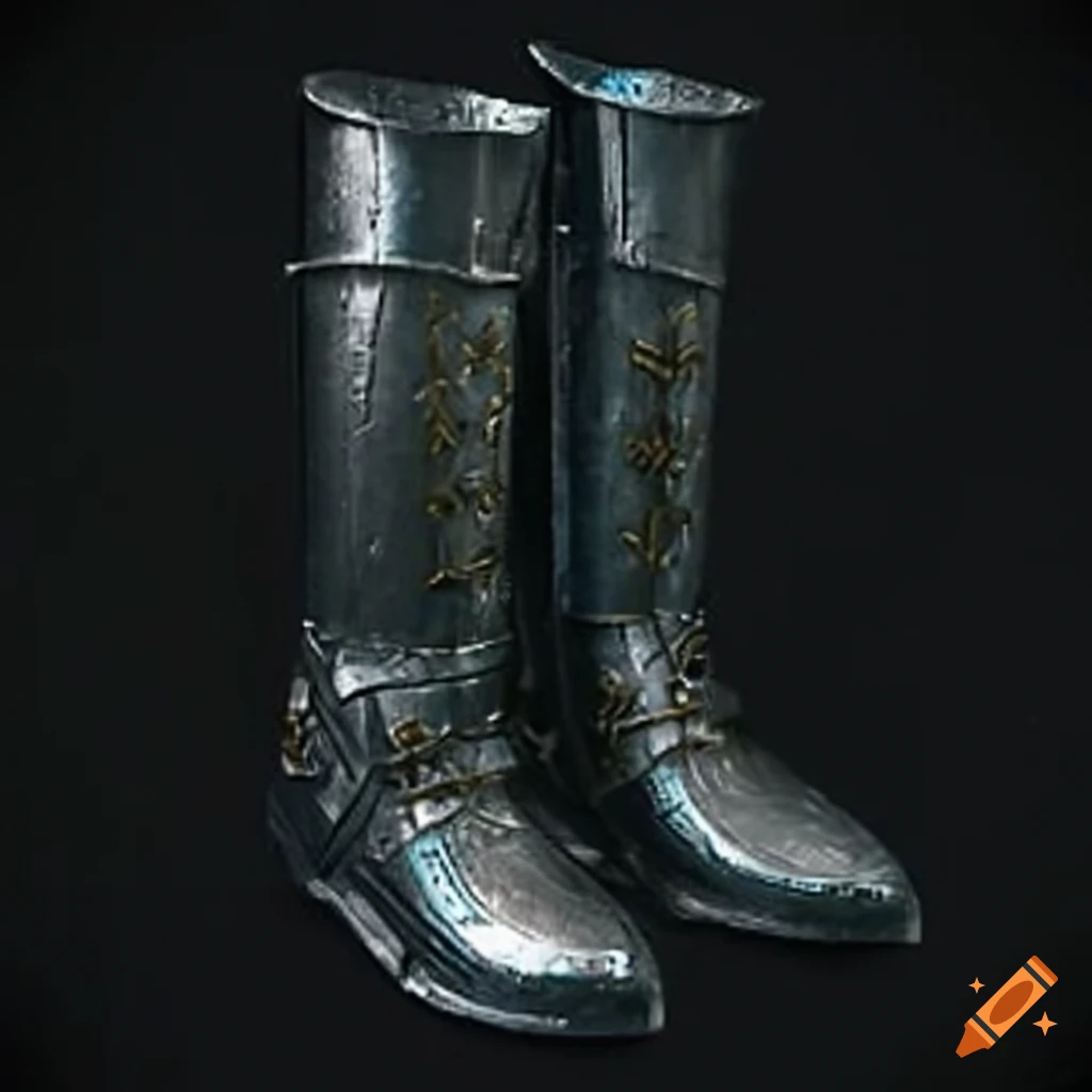 Mithril-plated medieval knight boots with a mystical aura on Craiyon