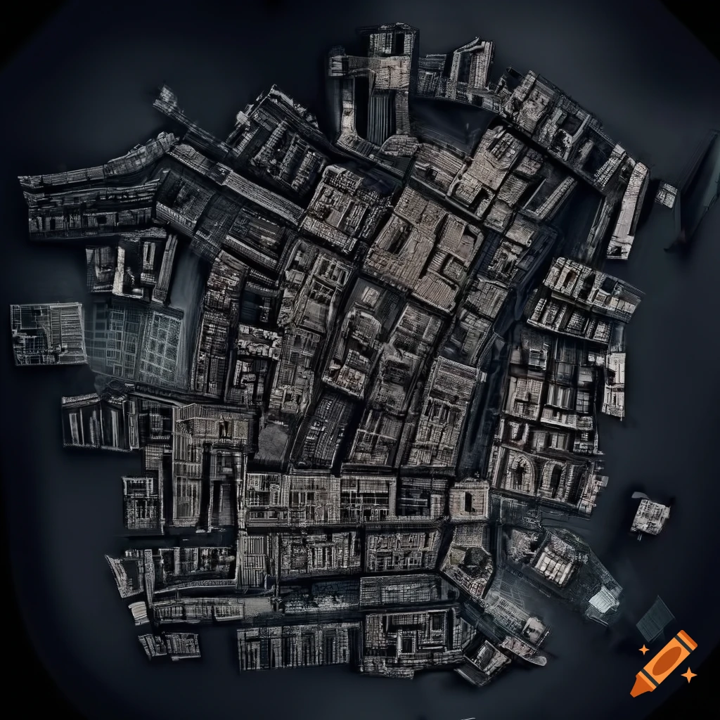 Top view gothic city map with separated districts, bridges, and ...