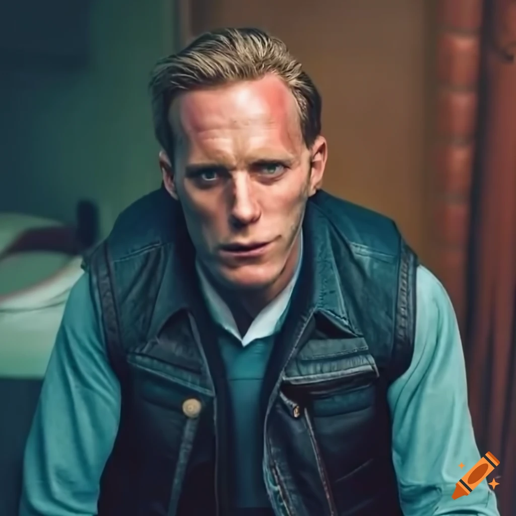 Close-up view resembling a young Laurence Fox in outlaw biker style ...