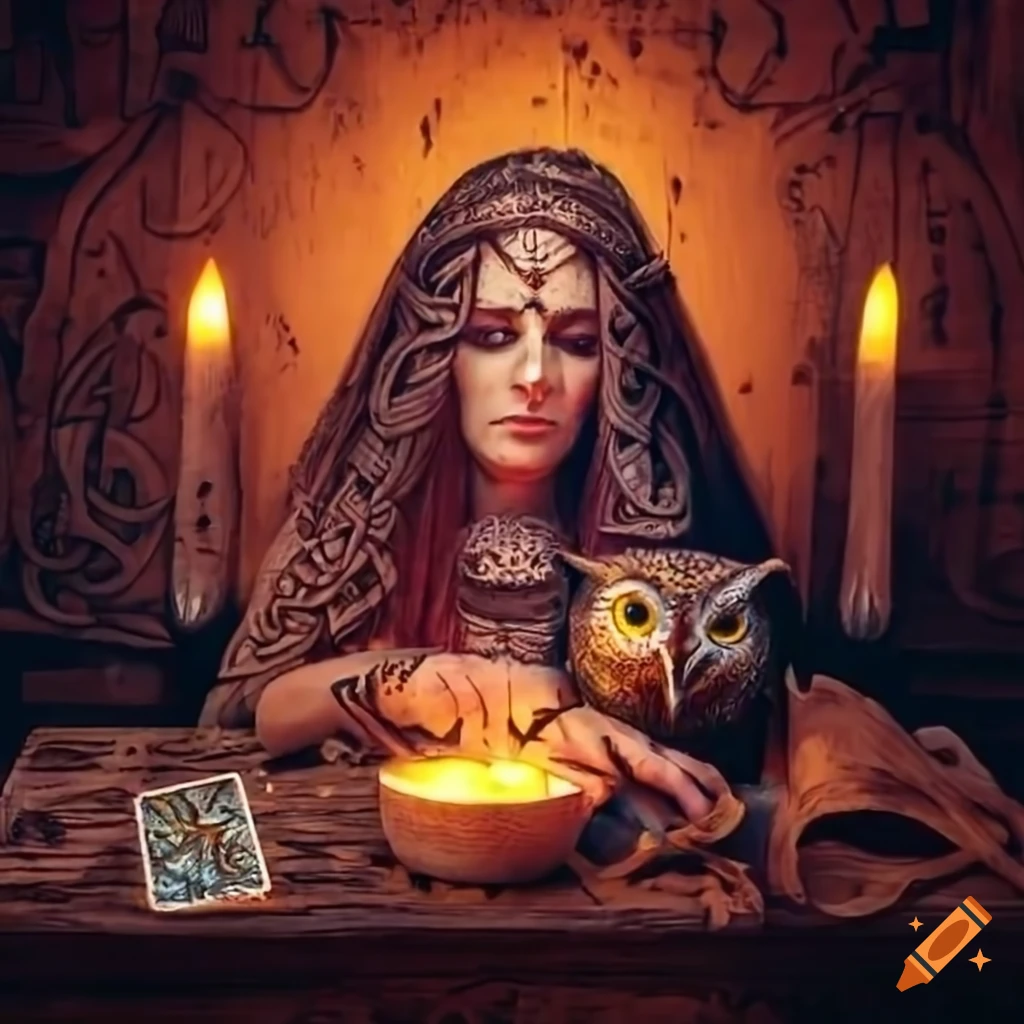 Ancient mystic ritual with owl, fortune teller, and tarot cards on ...