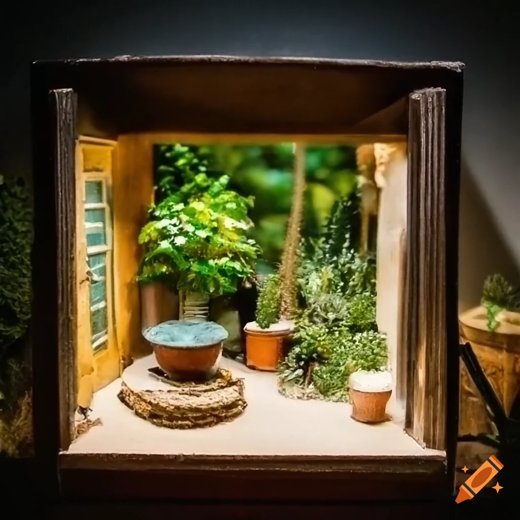 Miniature diorama of a house entrance filled with potted plants on Craiyon