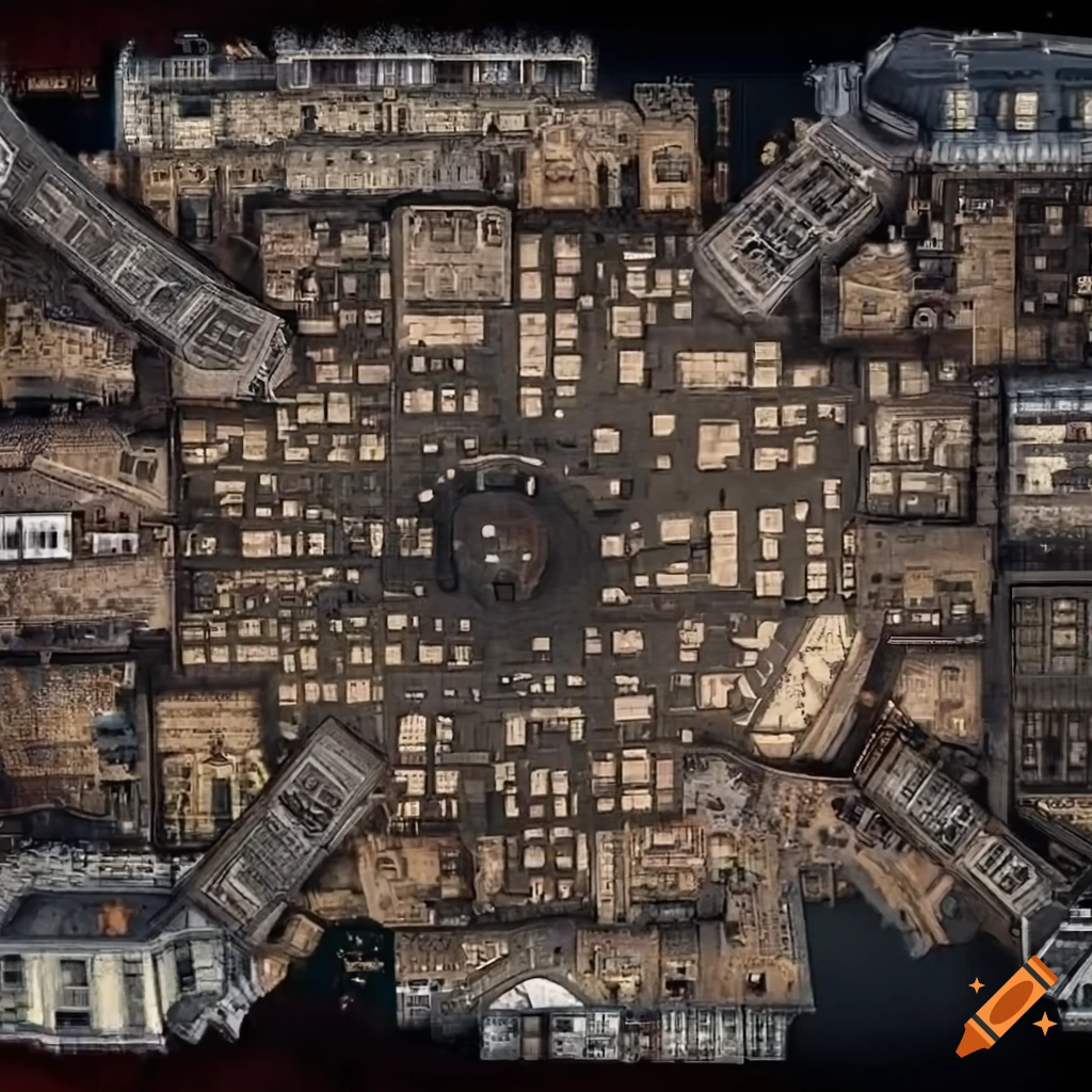Top-down map of futuristic Gothic-style city district with big ...