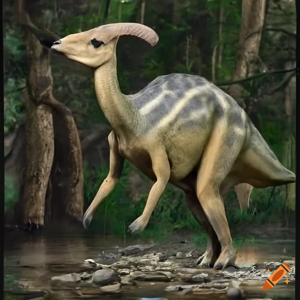 Parasaurolophus with bushbuck antelope color pattern in a gloomy forest ...