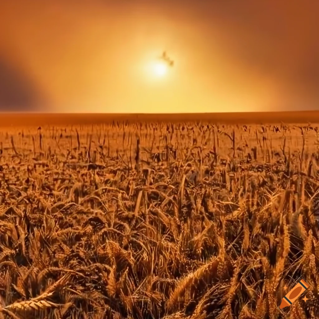 Desolate wheat field with dying crops under a scorching sun and a ...