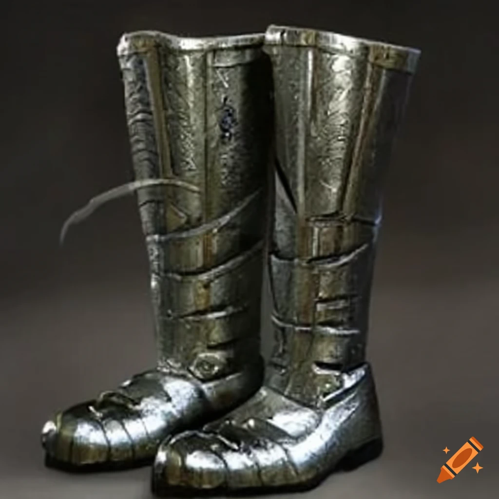 Mithril-plated medieval knight boots with a mystical aura on Craiyon