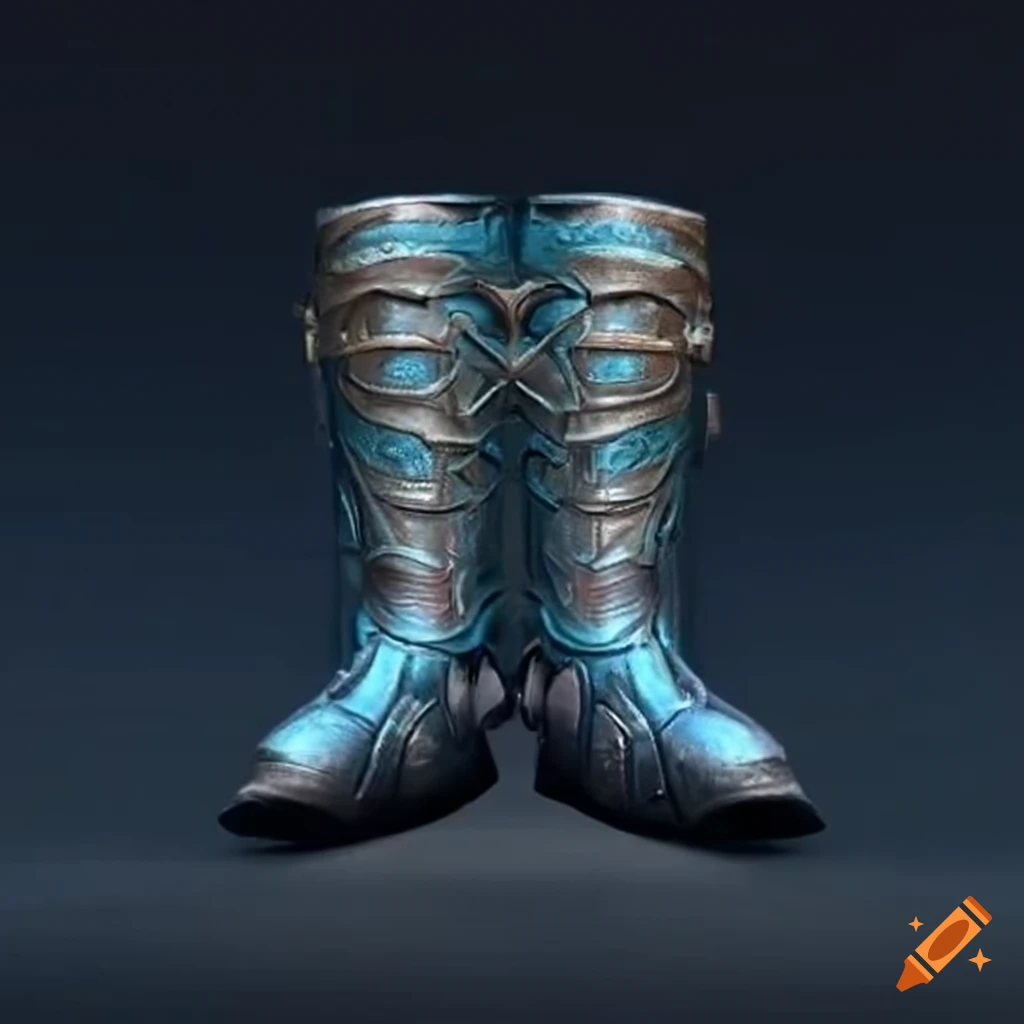 Enchanted mithril boots for a knight's armor in RPG game on Craiyon