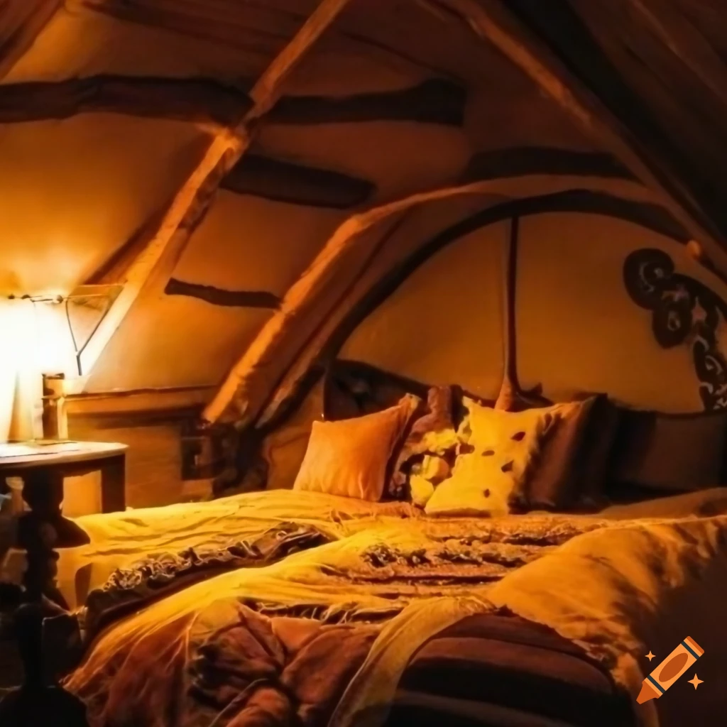 Cozy rustic hobbit bedroom with autumn leaves and warm lighting on Craiyon