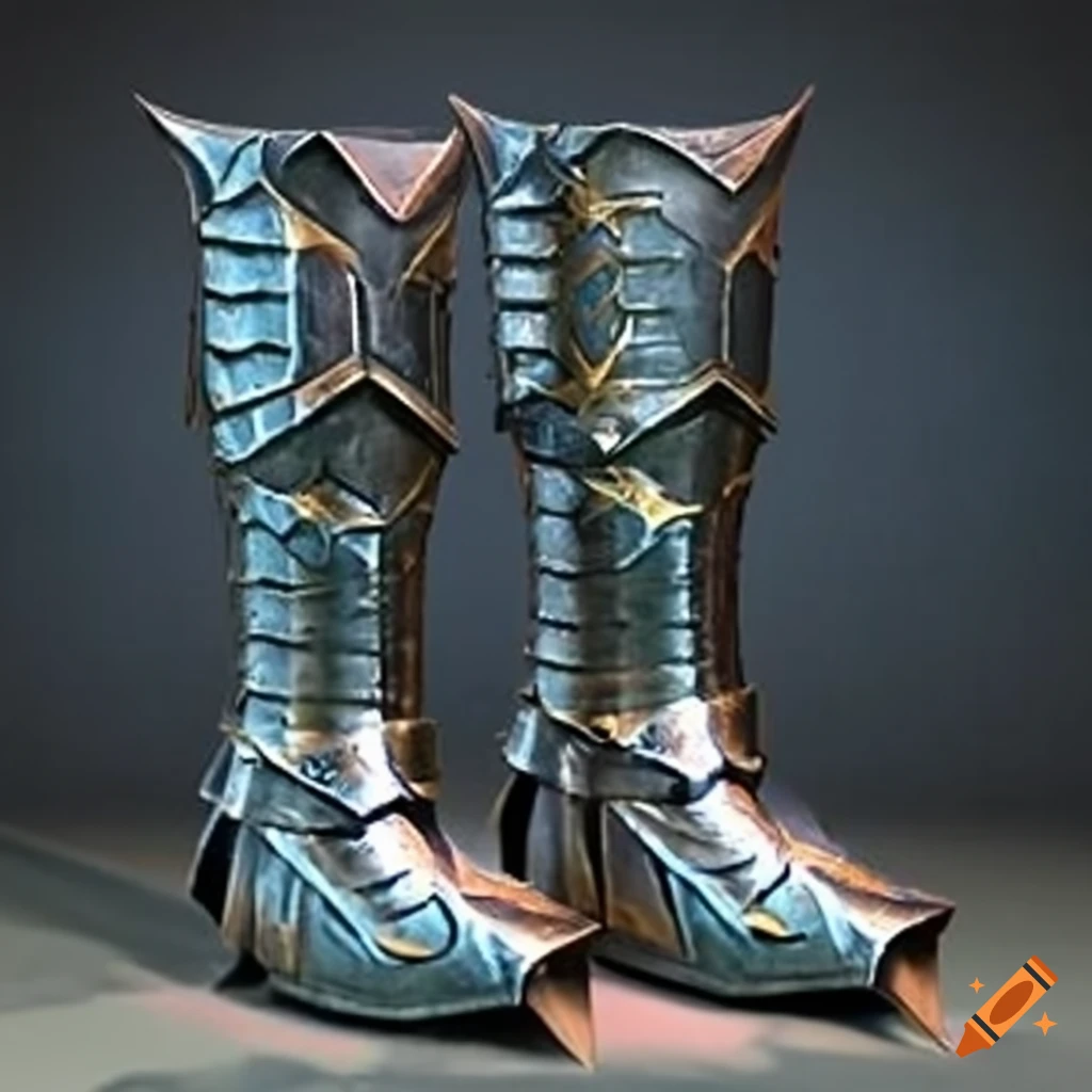 Medieval pair of adorned mithril plated knight boots with magical aura ...