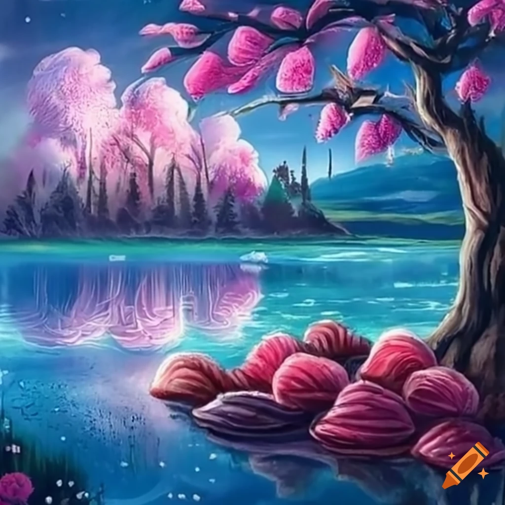 Candy forest with chocolate lake and cotton candy trees in a dark ...