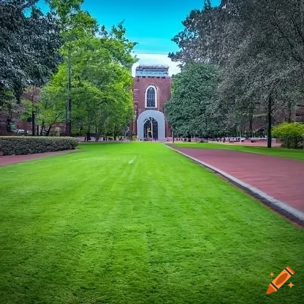 University Campus on a rainy day with grass and brick colored path on ...