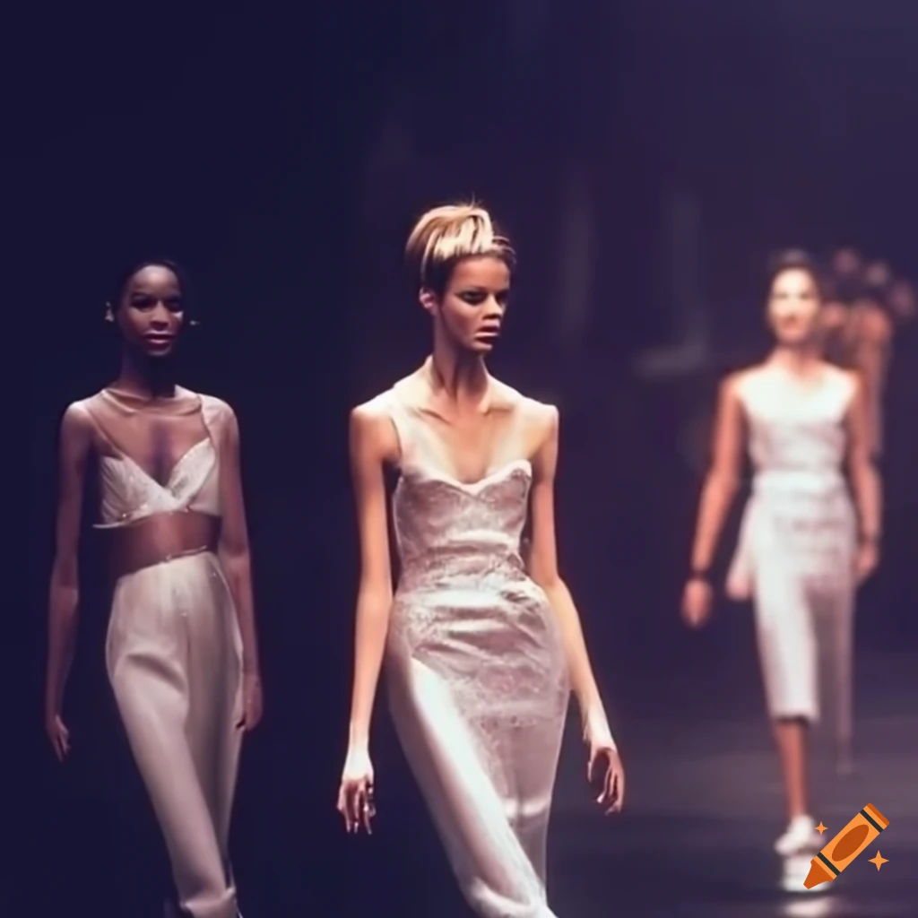 Models walking the runway at a 1990s fashion show on Craiyon