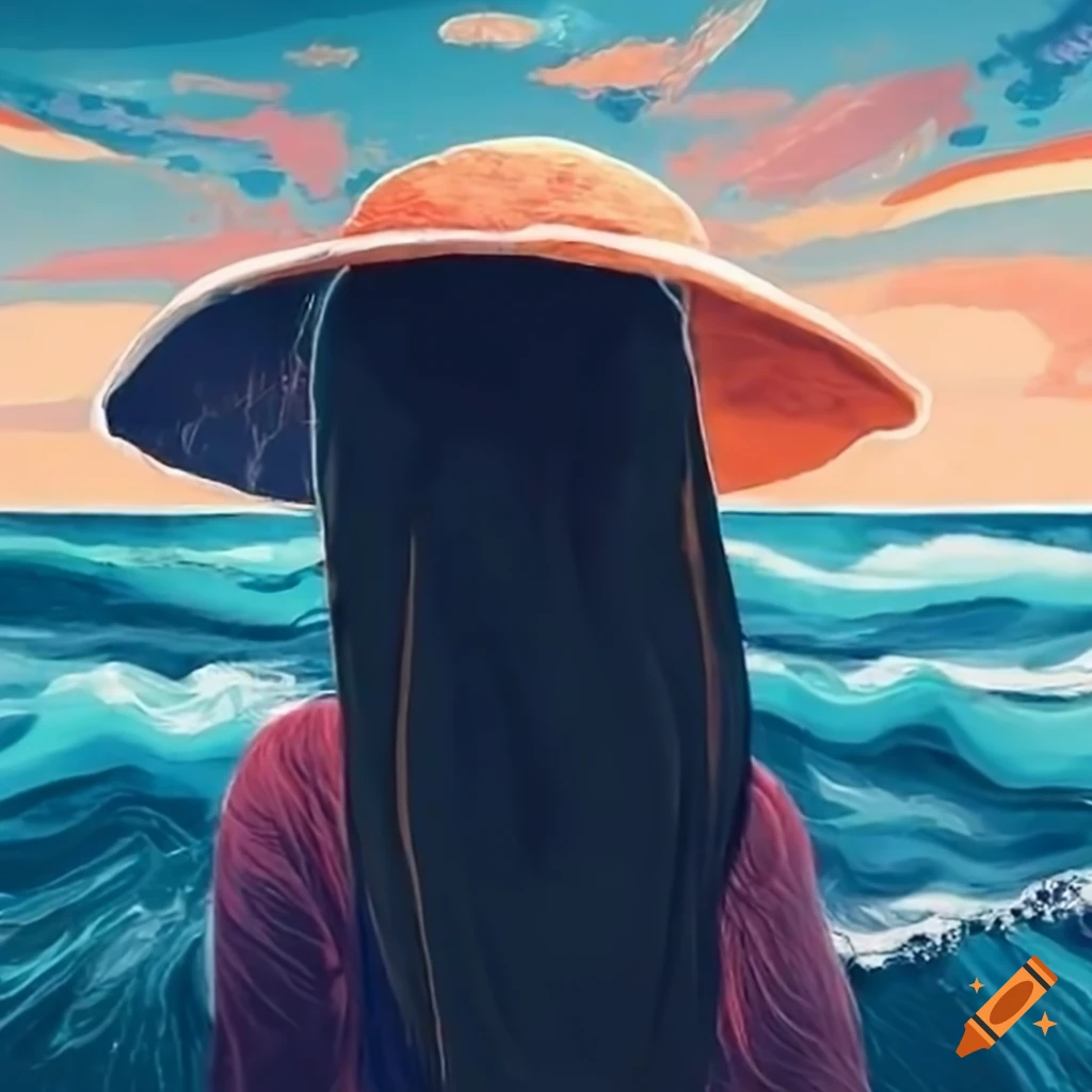 Woman with wide brimmed sun hat looking at the ocean on a windy day on Craiyon