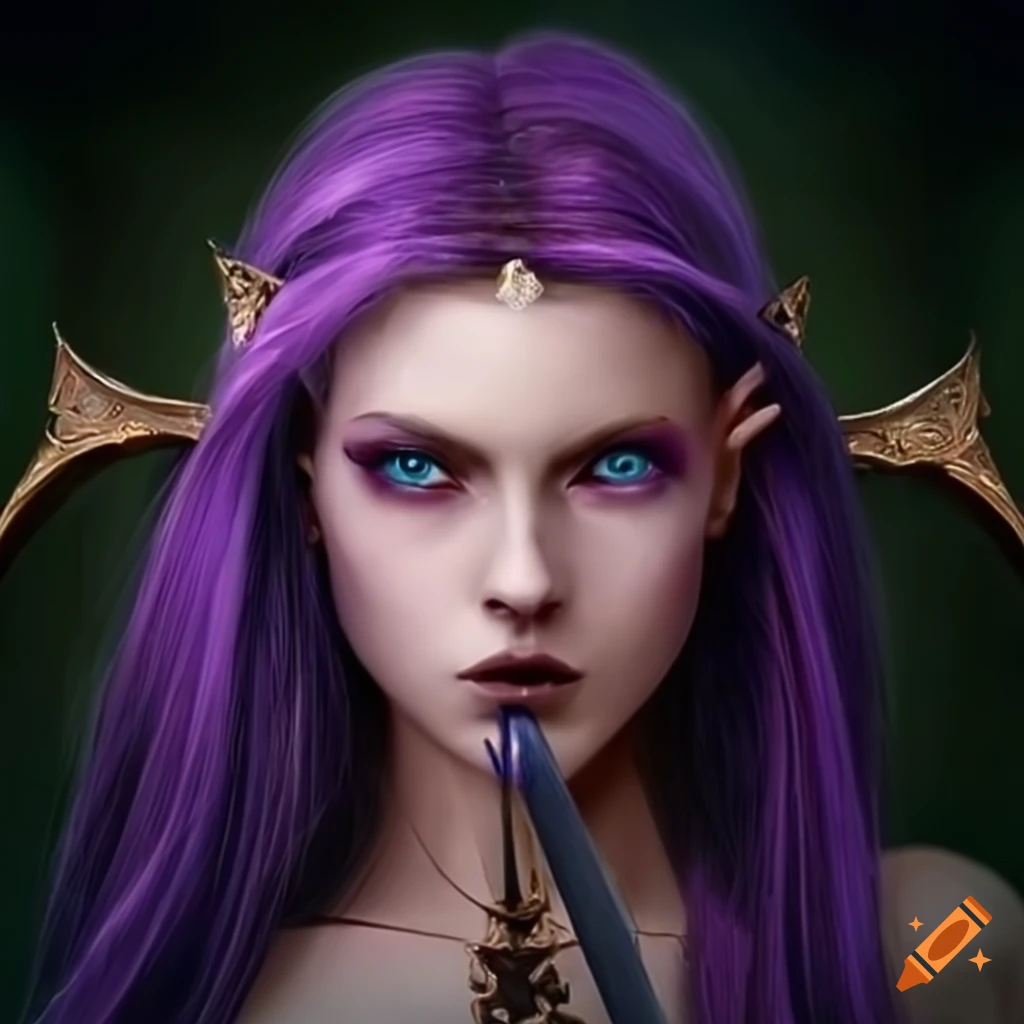Elf maiden with purple hair and emerald eyes holding a bow and arrow on ...