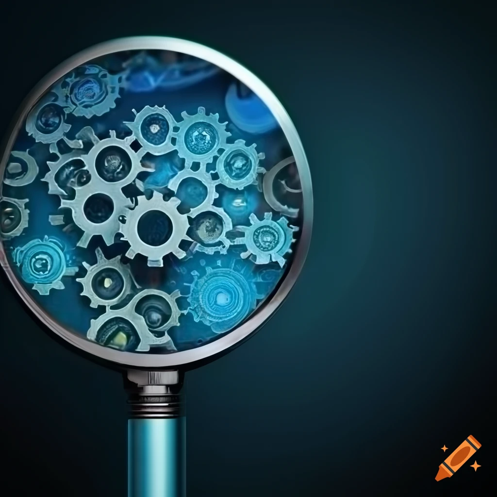 Magnifying glass examining interconnected gears symbolizing analysis of ...