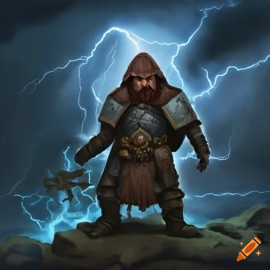 Hooded dwarf cleric with warhammer in a thunderstorm in an epic fantasy ...