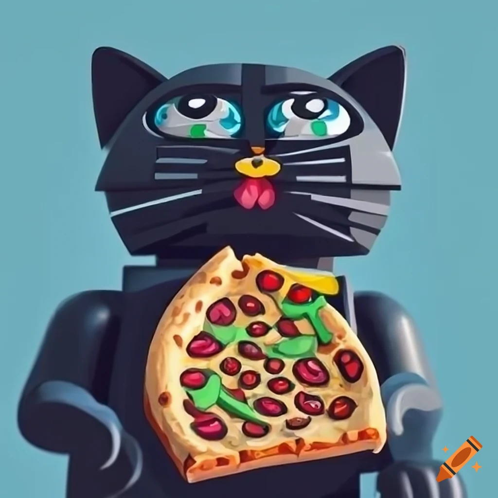 Black cat enjoying pizza pie made of lego bricks in a cartoon style on ...