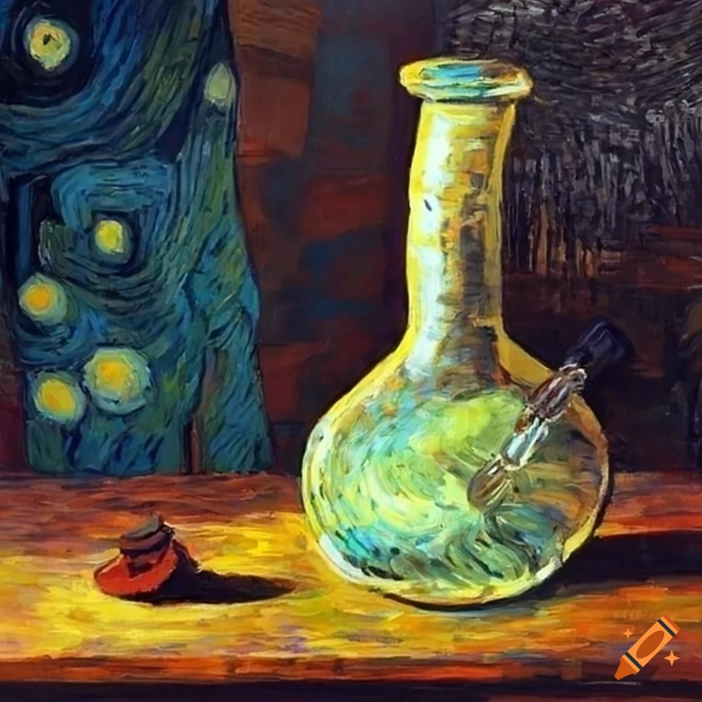 Glass bong on a table next to a vincent van gogh painting on Craiyon